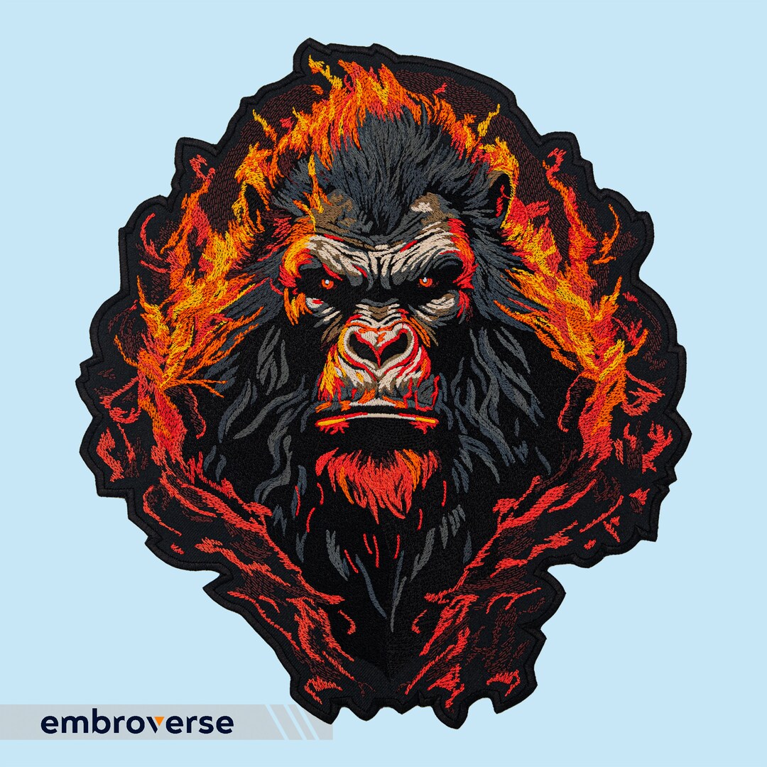 Fiery Gorilla Large Embroidered Patch - Fantasy Flaming Fierce Primate ...