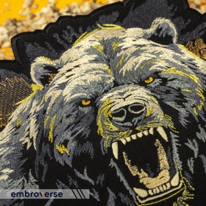 Brutal Grizzly Bear Large Back Patch - Embroidered Wild Angry Beast, Fierce Animal, Biker ...