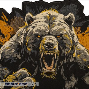 Brutal Grizzly Bear Large Back Patch - Embroidered Wild Angry Beast, Fierce Animal, Biker ...