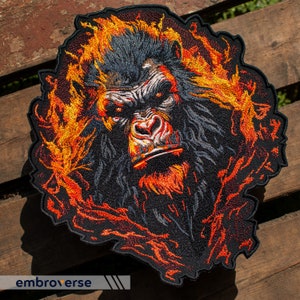 Fiery Gorilla Large Embroidered Patch - Fantasy Flaming Fierce Primate ...