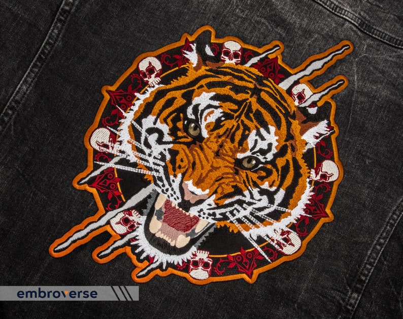 Tiger Patch: Embroidered Angry Wild Animal With Skulls - Large Iron On ...