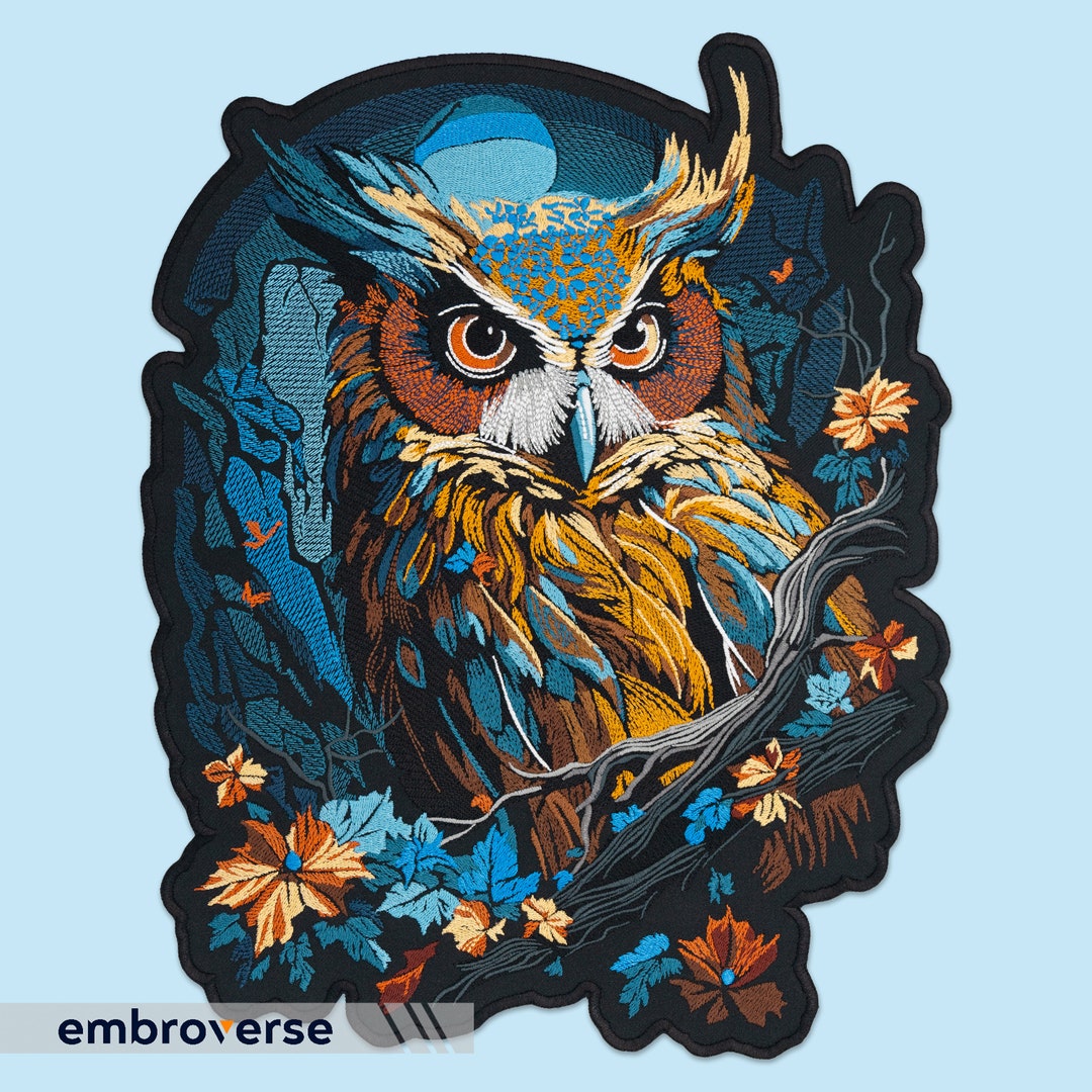 Night Owl Embroidered Patch - Wild Forest Bird With Blue Moon Backdrop ...