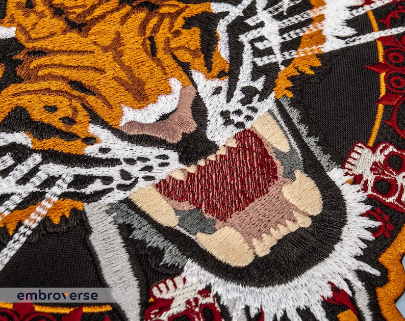 Tiger Patch: Embroidered Angry Wild Animal With Skulls - Large Iron On ...