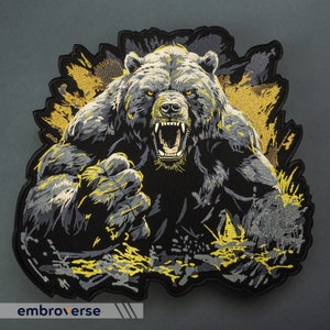 Brutal Grizzly Bear Large Back Patch - Embroidered Wild Angry Beast, Fierce Animal, Biker ...