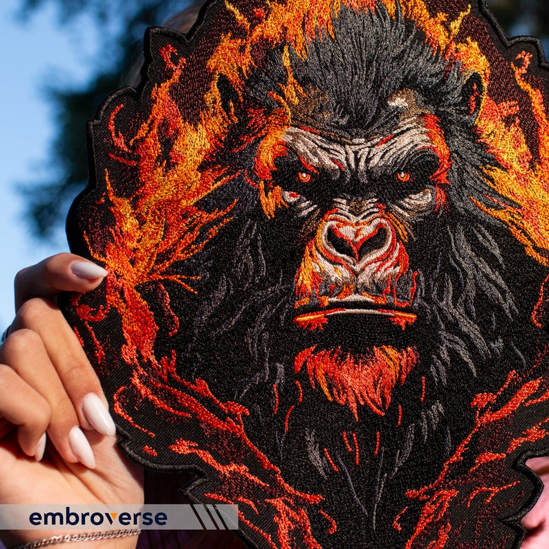Fiery Gorilla Large Embroidered Patch - Fantasy Flaming Fierce Primate ...