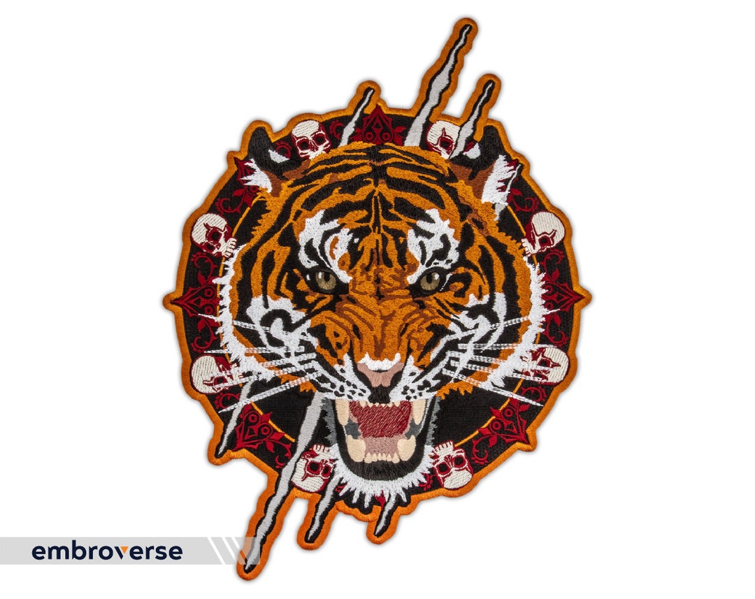Tiger Patch: Embroidered Angry Wild Animal With Skulls - Large Iron On ...