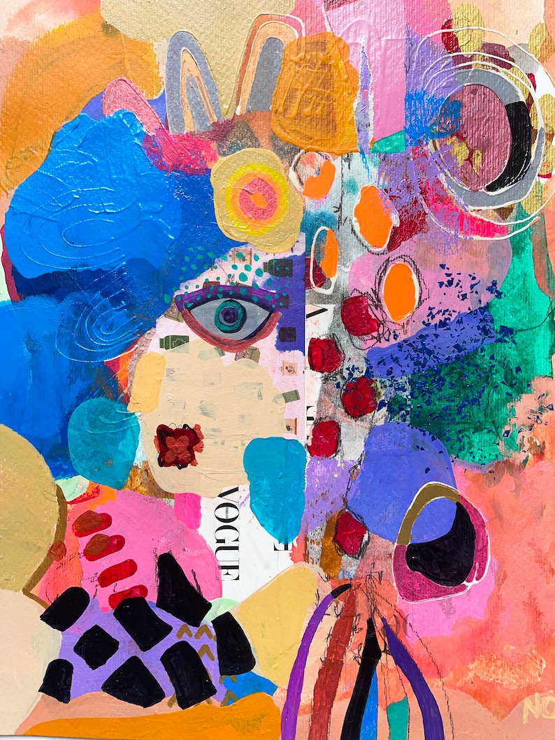 Abstract Portrait Painting, Mixed Media Collage Art, Modern Wall Art ...