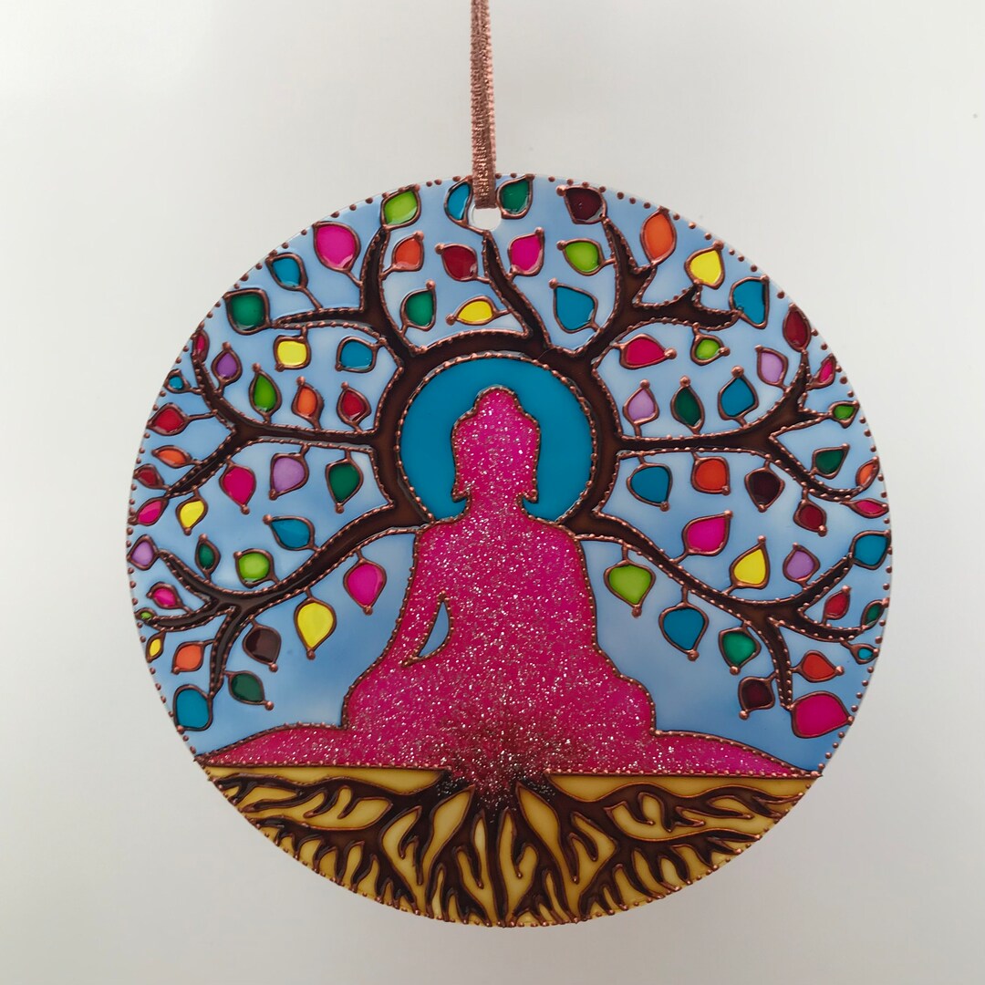 Hand Painted Pink Tree of Life Buddha Suncatcher - Etsy UK