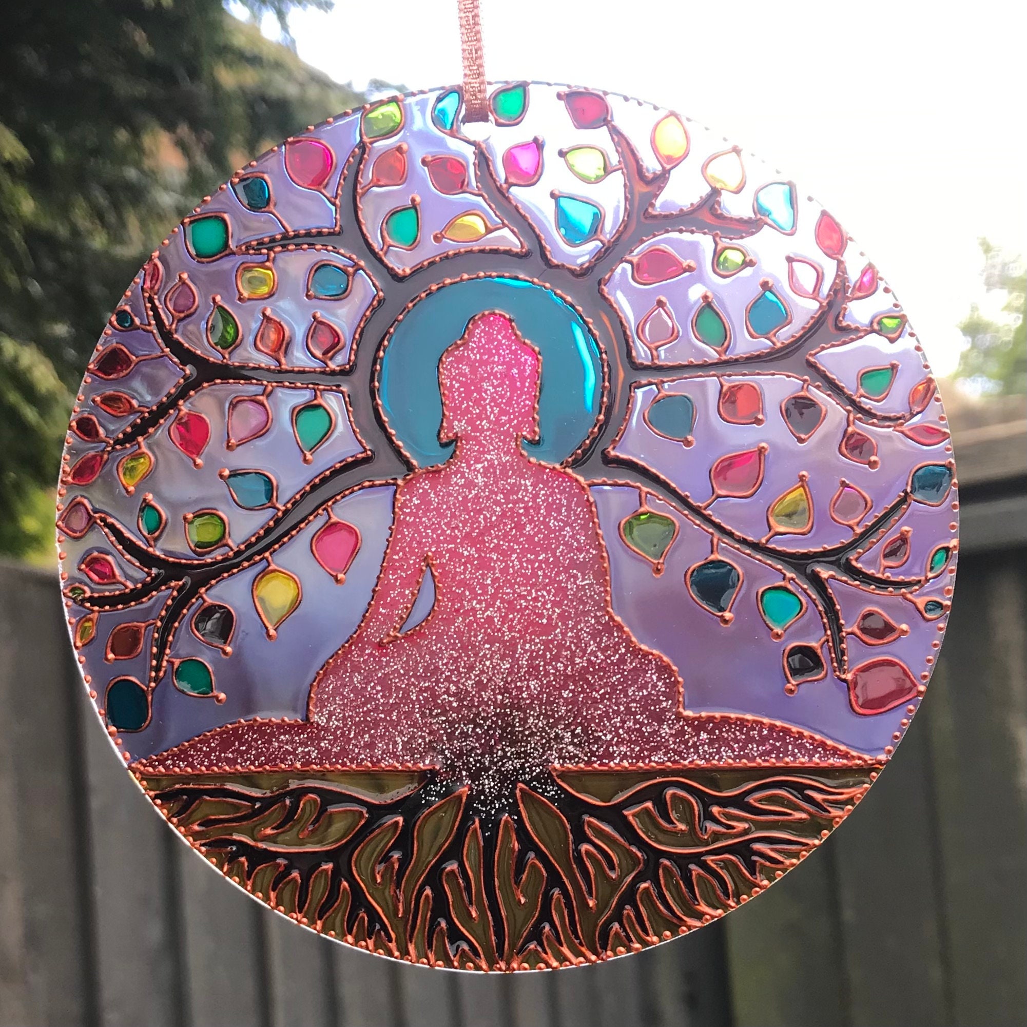 Hand Painted Pink Tree of Life Buddha Suncatcher - Etsy UK