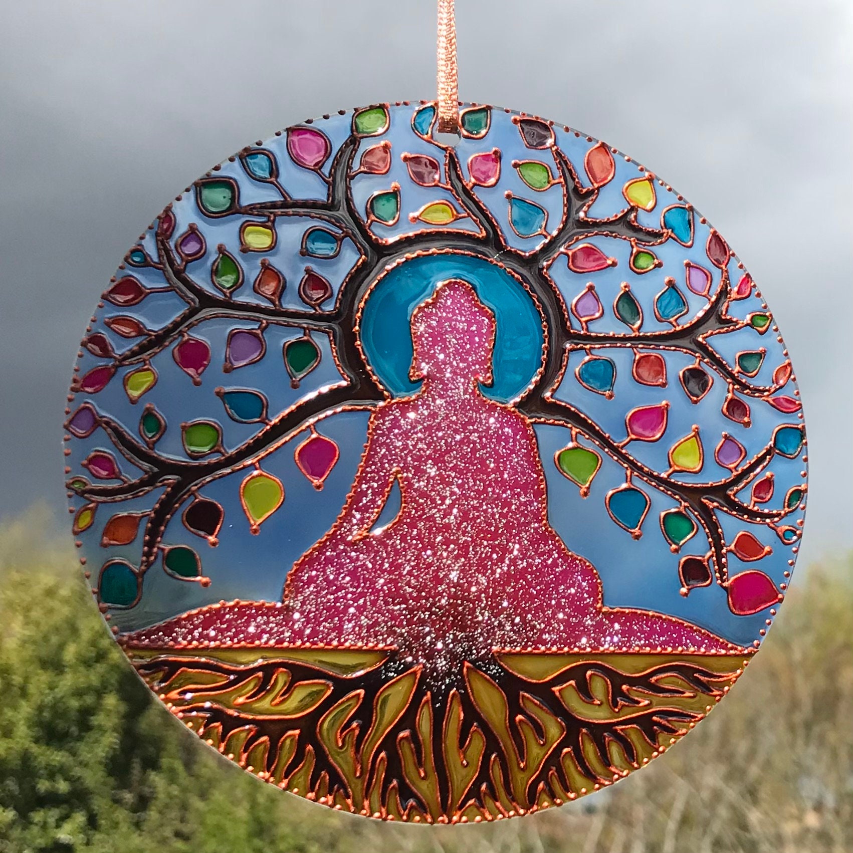 Hand Painted Pink Tree of Life Buddha Suncatcher - Etsy UK