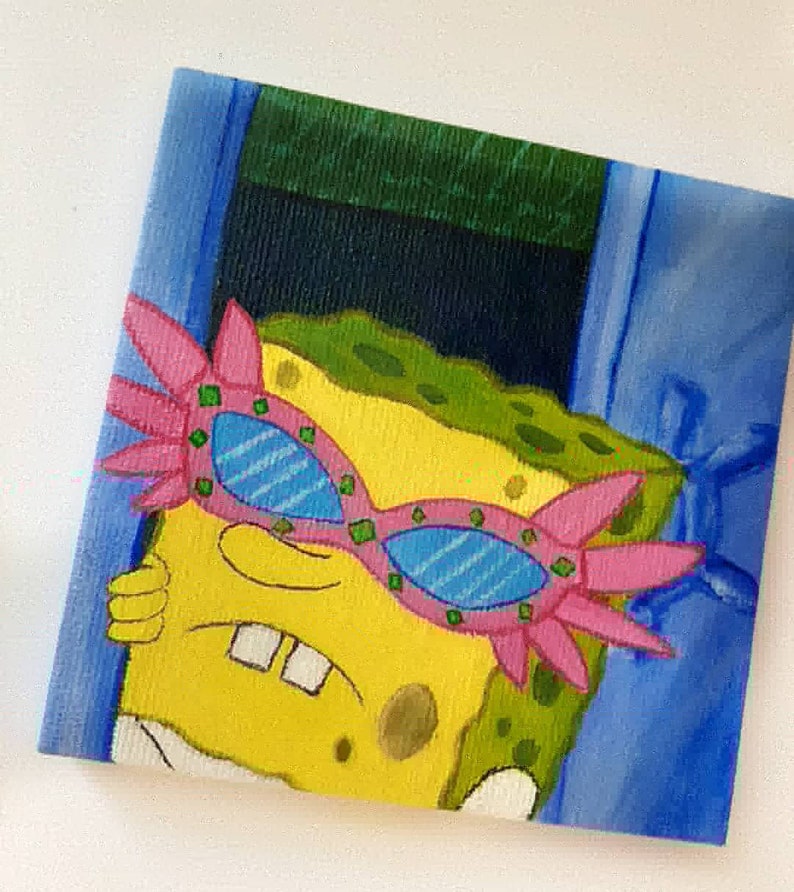 Spongebob in sunglasses mini Art 10x10 sneaking out of his | Etsy