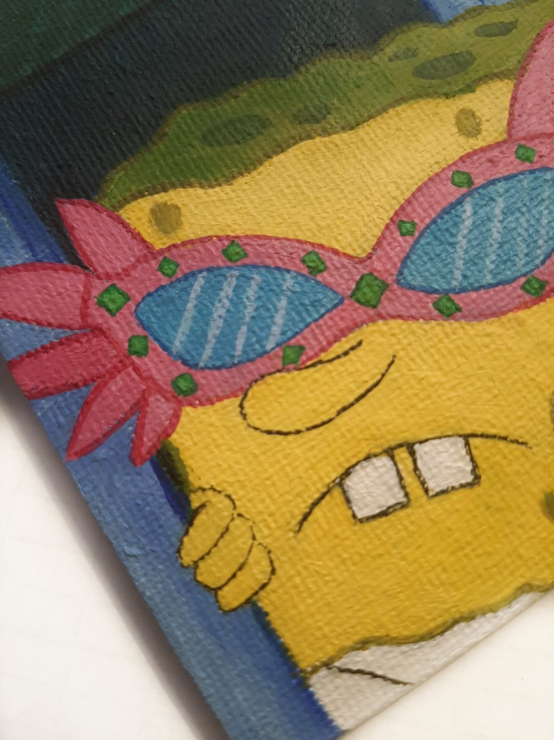 Spongebob in sunglasses mini Art 10x10 sneaking out of his | Etsy