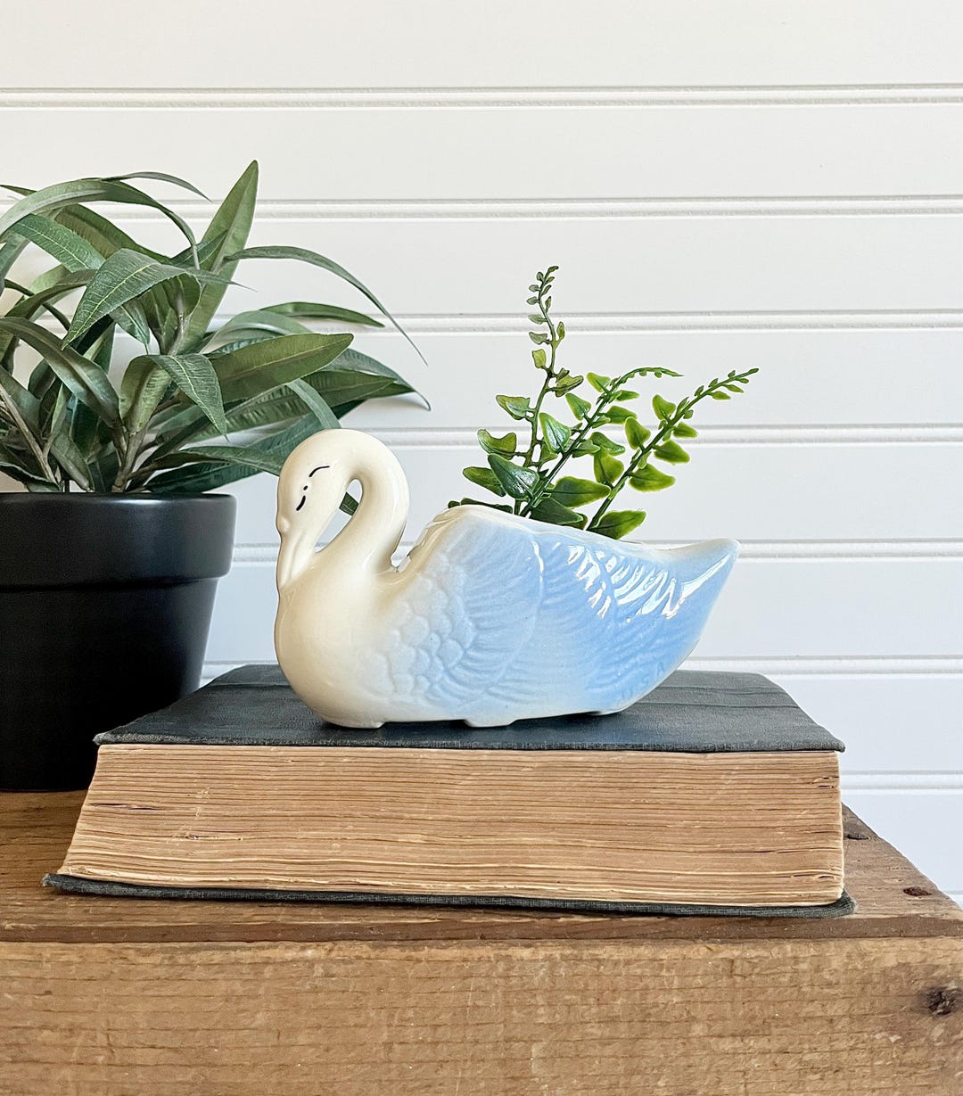 Vintage Blue and Cream Mini Swan Planter | Petite Vintage Swan Figurine ...