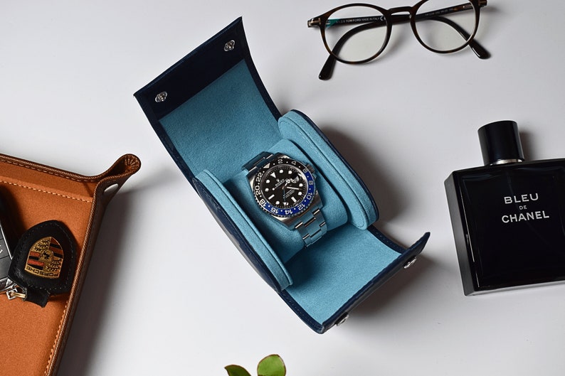 Blue Camo Italian Leather Single Watch Box for Men, Watch Roll, Travel ...