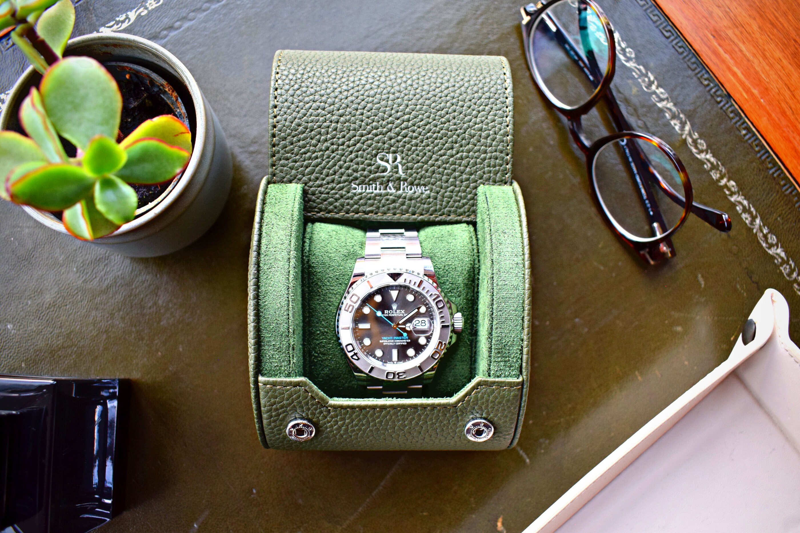 Green Handmade Leather Single Watch Travel Case for Men, Watch Display ...