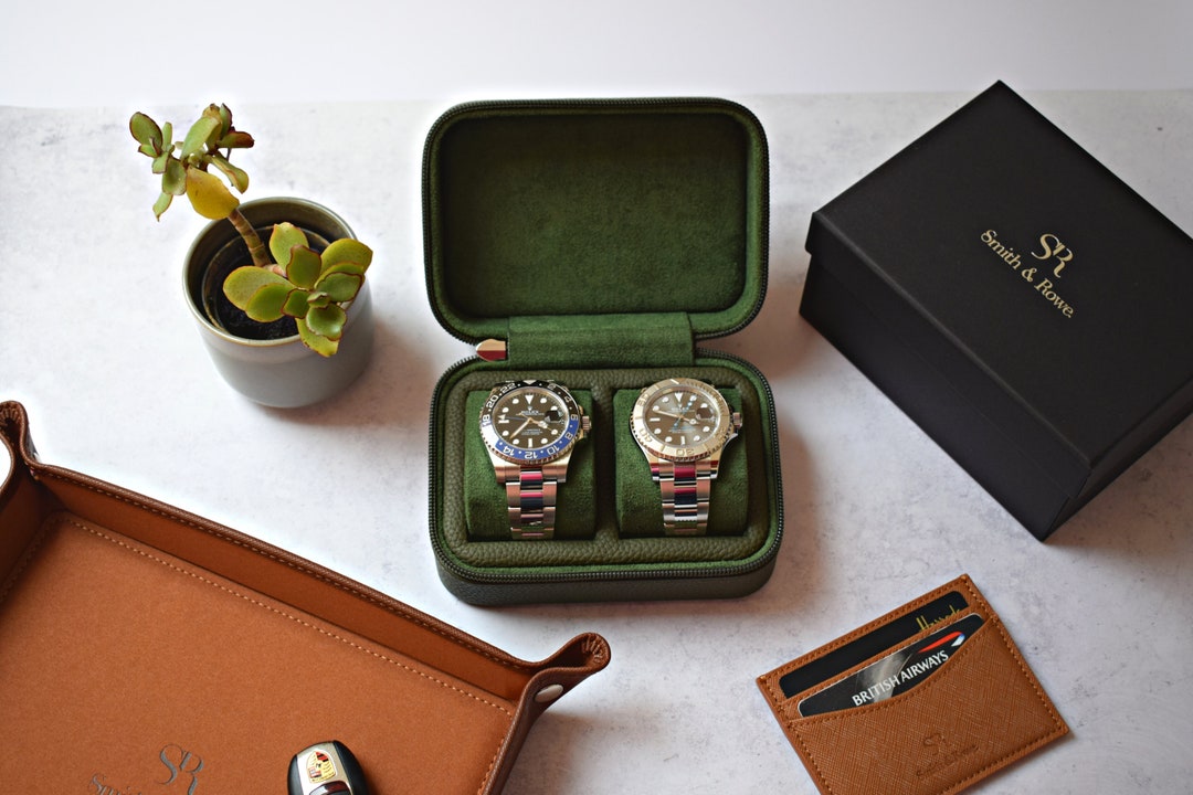 Green Leather Double Watch Travel Case for Men W/ Zipper Closure ...