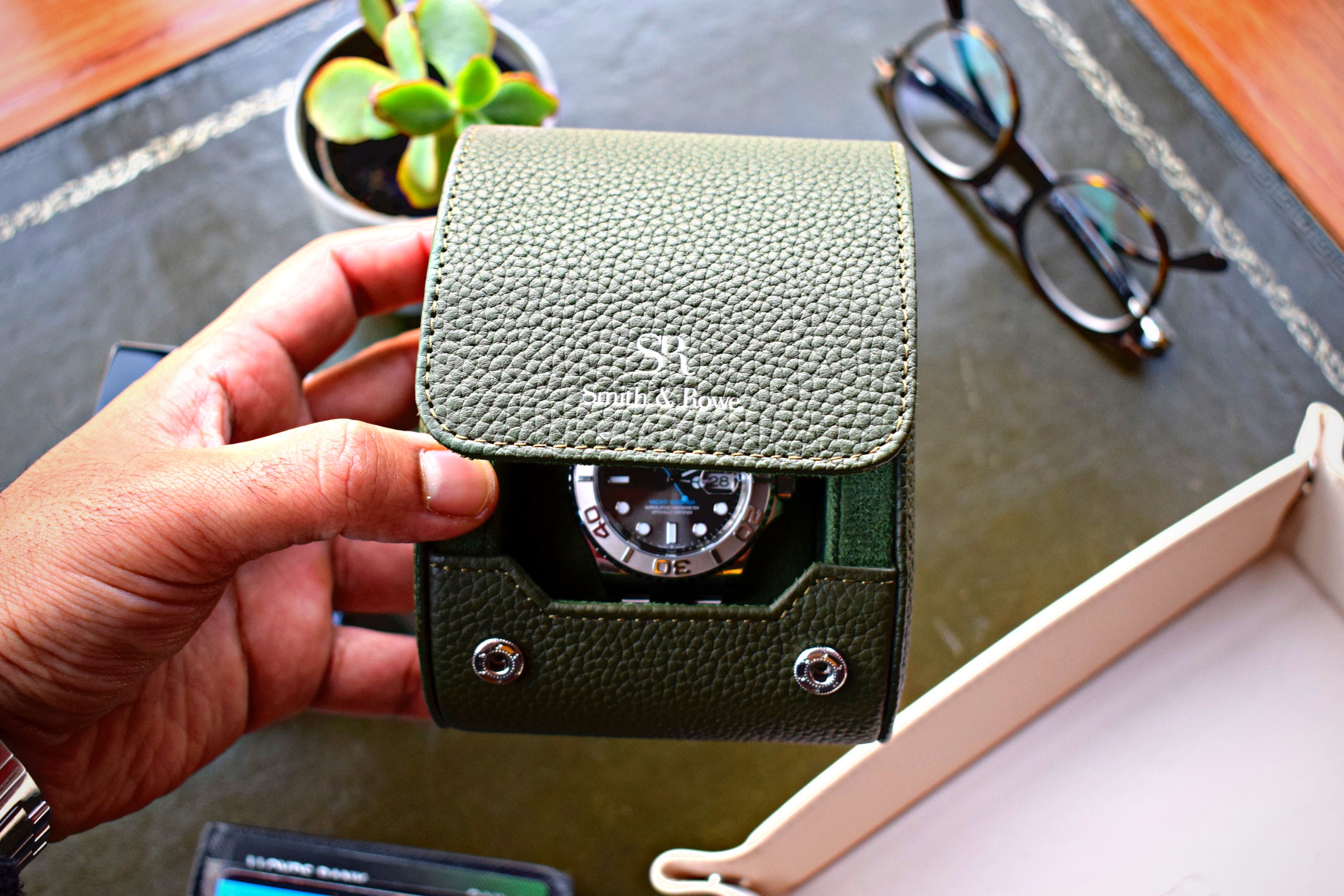 Green Handmade Leather Single Watch Travel Case for Men, Watch Display ...