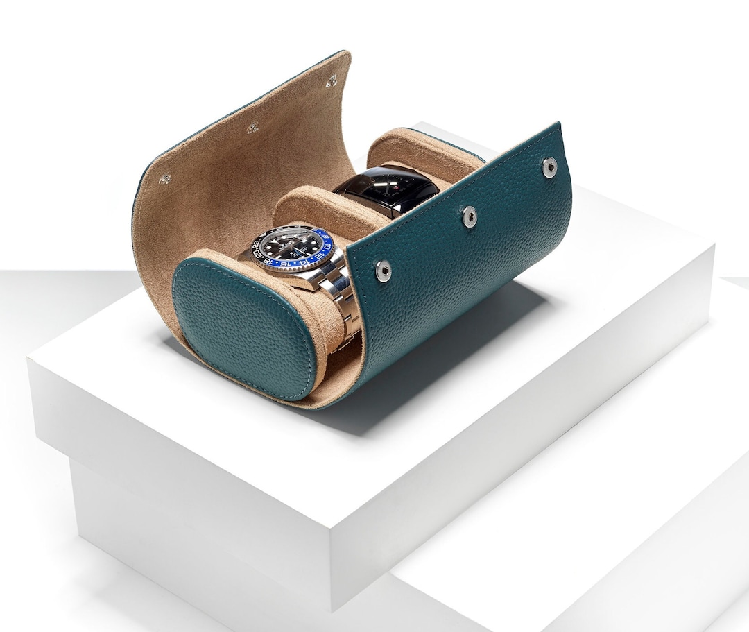 Handmade Green Leather Double Watch Travel Case for Men W/ Button ...