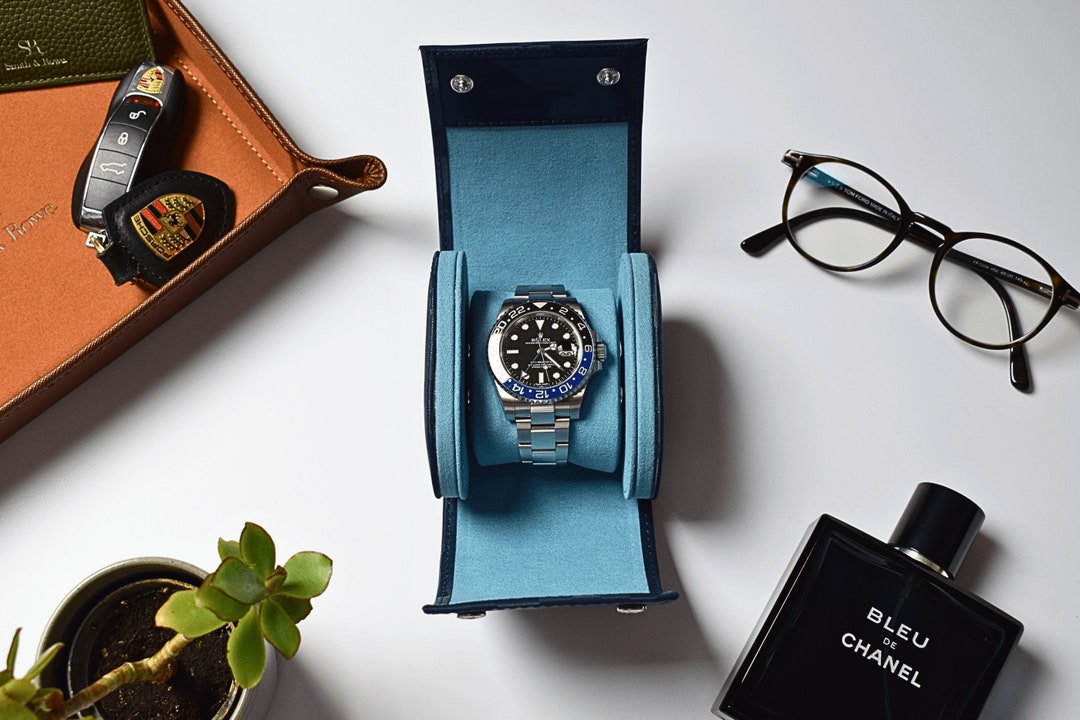 Blue Camo Italian Leather Single Watch Box for Men, Watch Roll, Travel ...