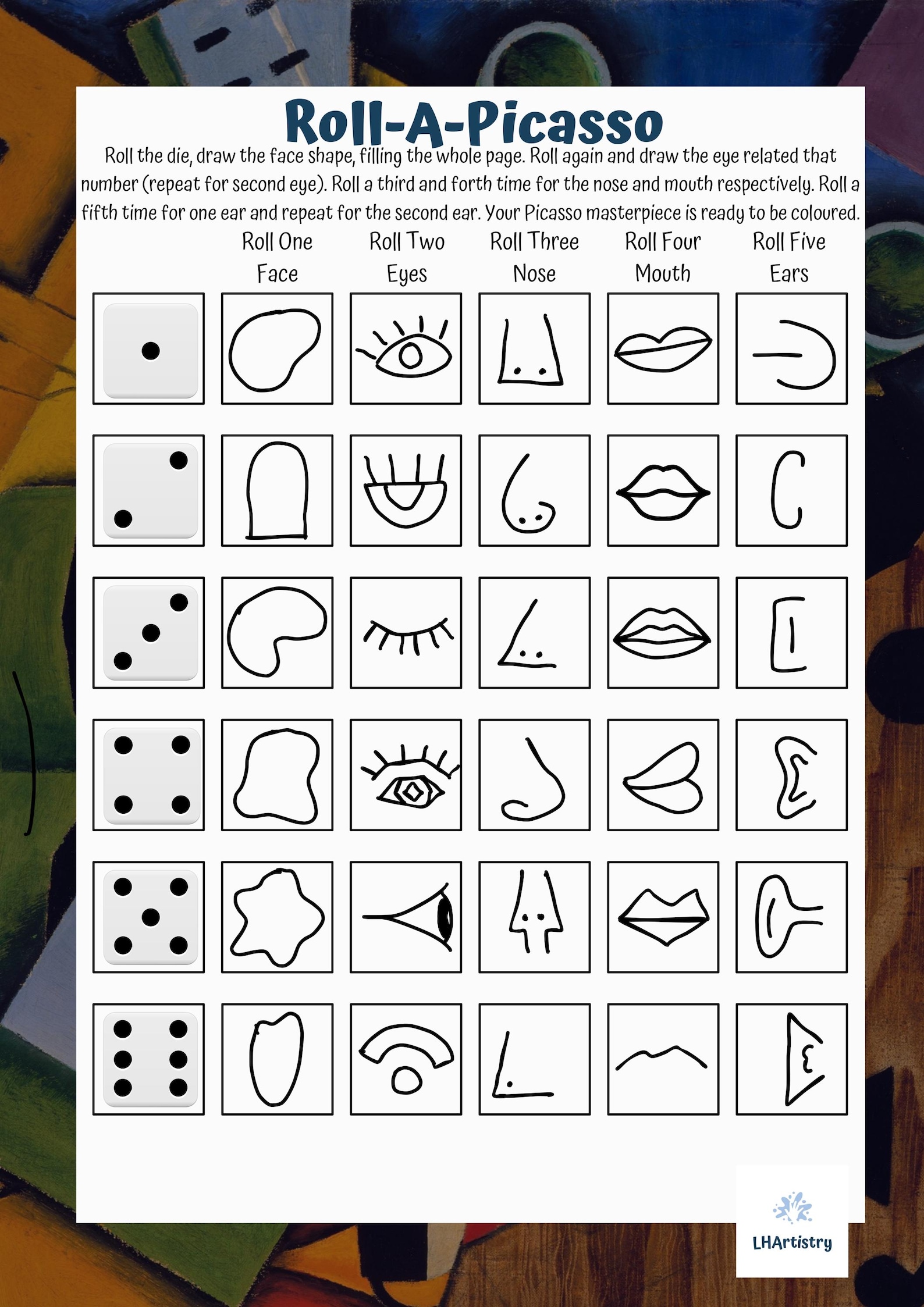 Roll-a-picasso Art Activity Worksheet - Etsy