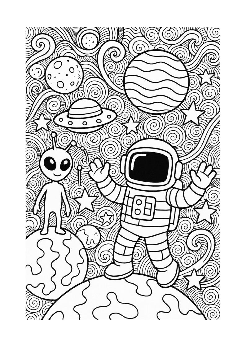 Mindful Colouring Page for Kids: Space Adventure With Rockets, Aliens ...
