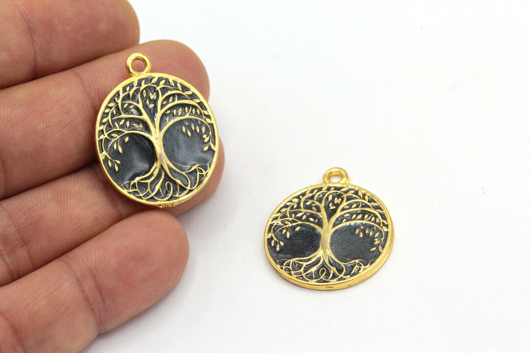 24k Shiny Gold Plated Tree of Charm, Tree of Life Medallion, Black ...