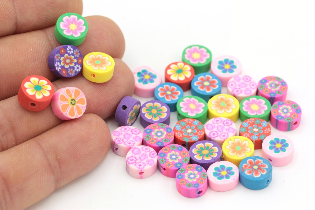 10 Pcs, Fimo Polymer Clay Round Flower Beads, Polymer Clay Round Beads ...