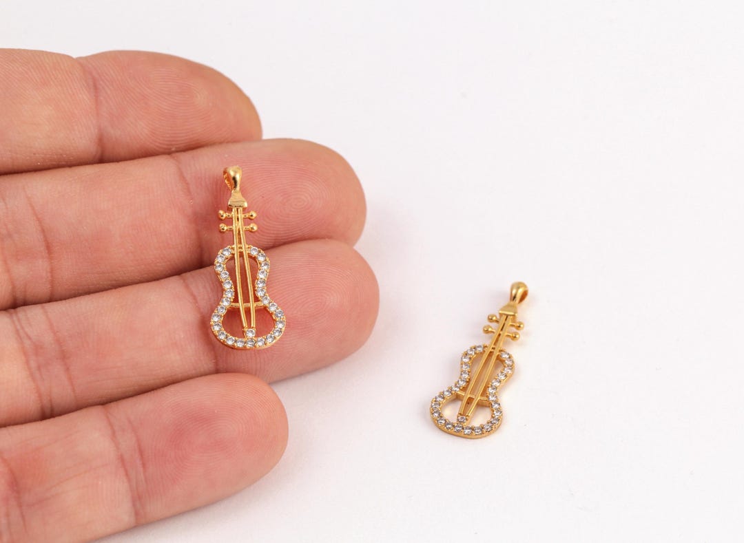 24k Gold Plated Violin Charms, CZ Musical Instrument Pendant, Music ...