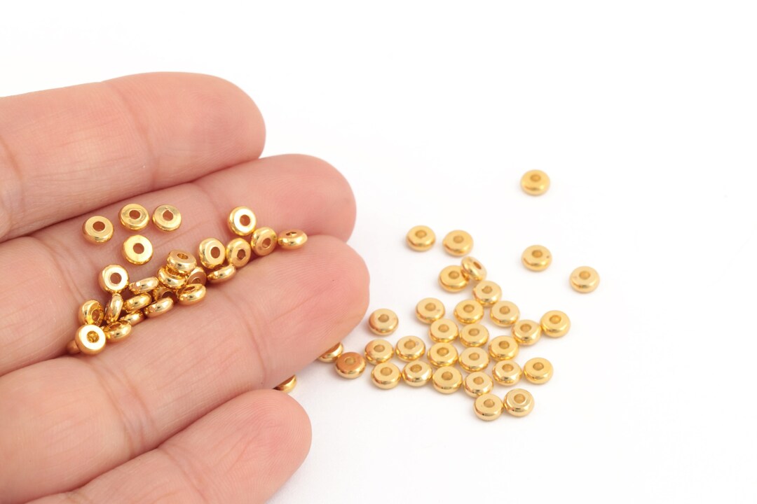 4mm 24k Shiny Gold Round Spacer Beads, Flat Round Beads, Stamping Tag ...