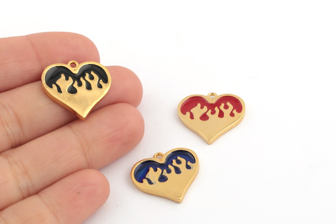 24k Gold Plated Enamel Heart Charms, Heart Pendant, Flame Pattern Heart ...