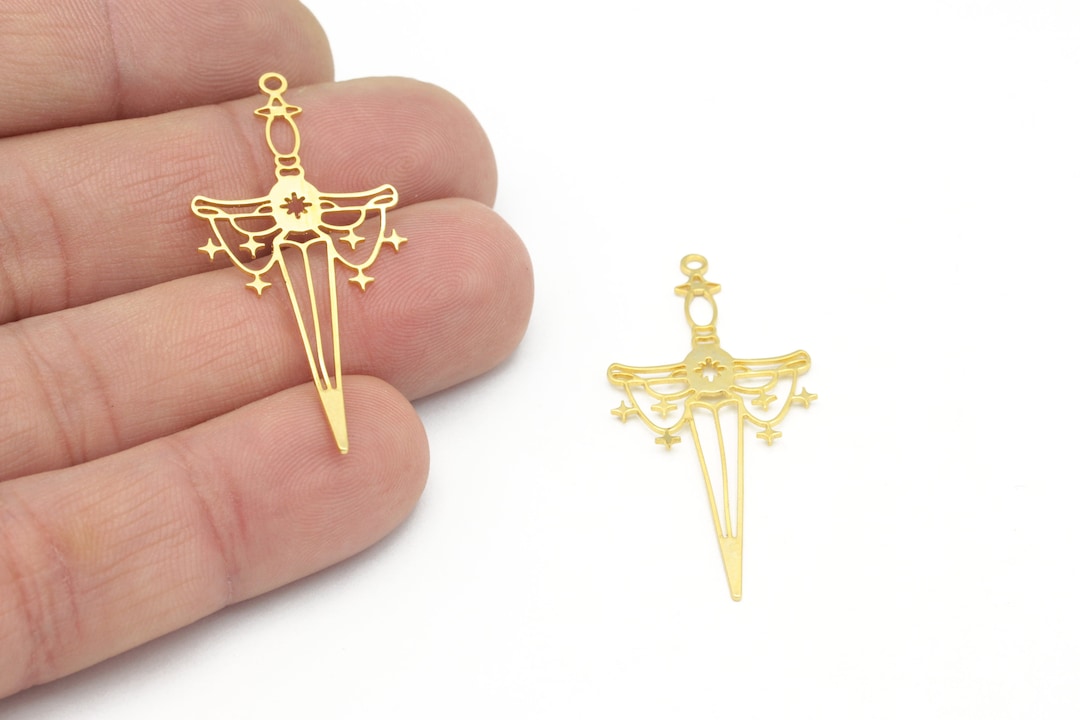 24k Gold Plated Sword Charm, Laser Cut Knight's Sword Pendant, Brass ...