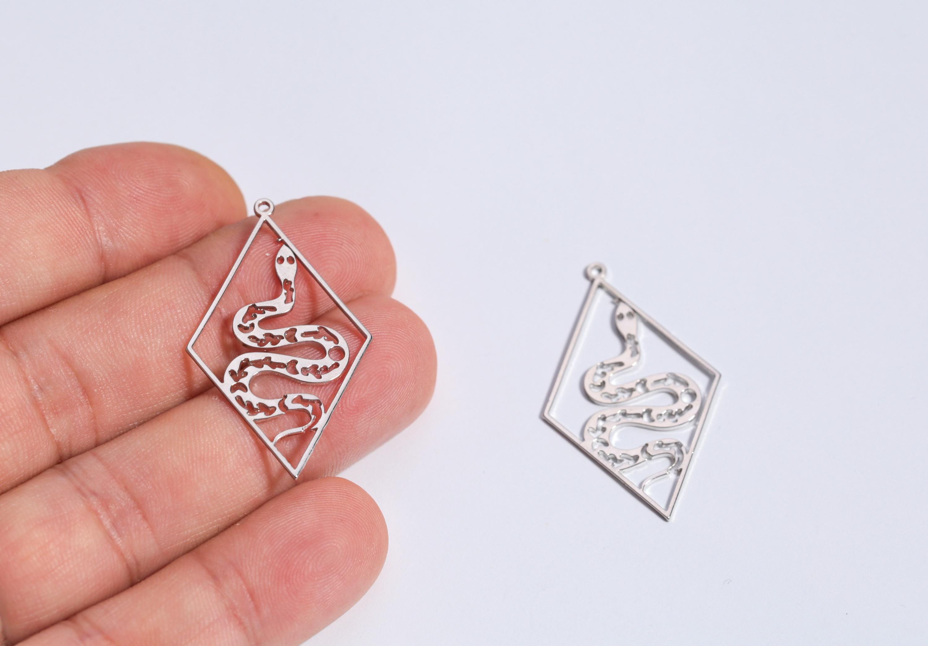 Rhodium Plated Snake Charm, Gothic Snake Pendant, Diamond Frame Pendant ...