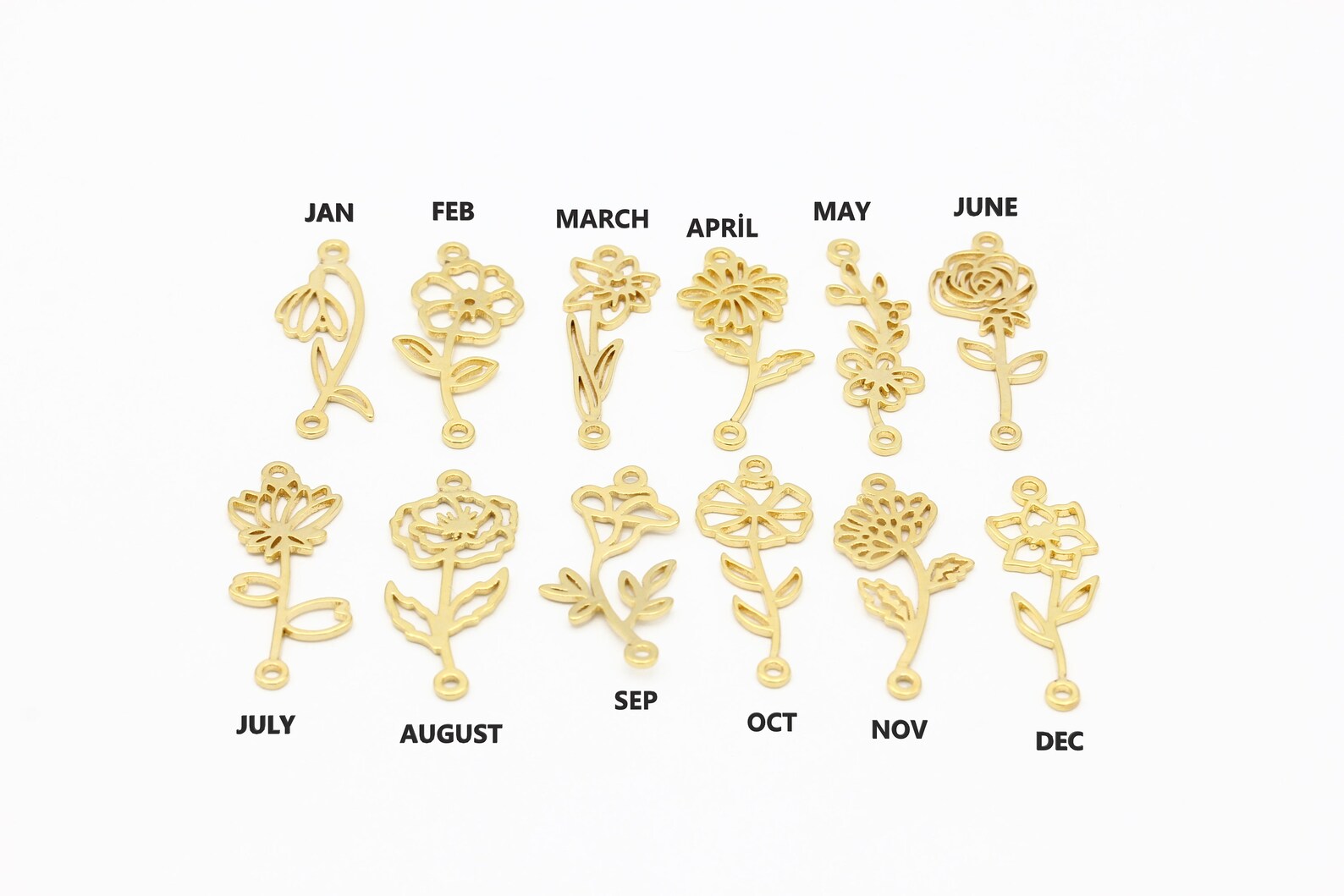 24k Gold Plated Birth Month Flower Pendant, Birth Flower Connector ...