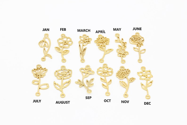 24k Gold Plated Birth Month Flower Pendant, Birth Flower Connector ...