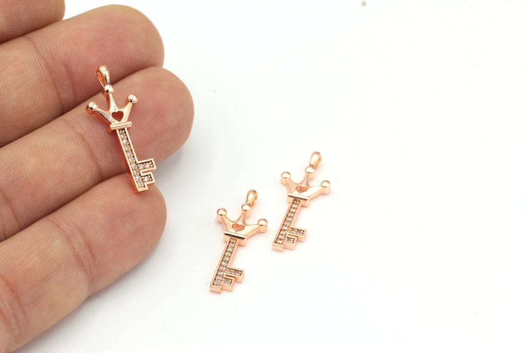 Key Charms With Crown Detail, Rose Gold Plated CZ Mikro Key Jewelry ...