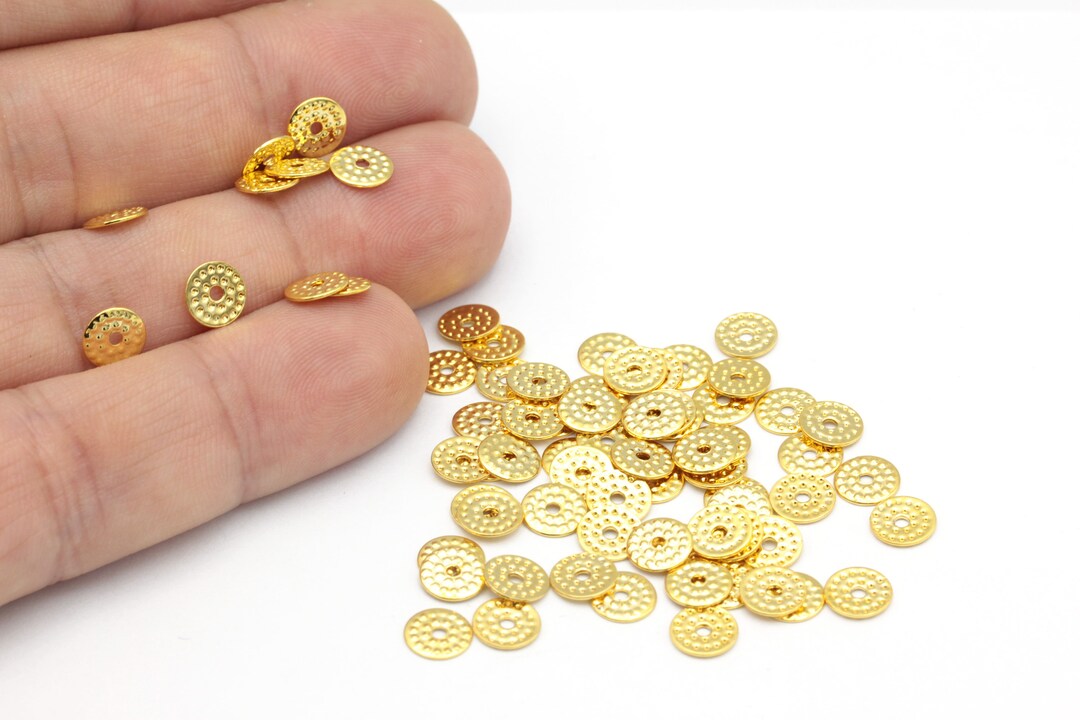 6,5mm 24k Gold Plated Disc Charms, Hammered Round Connector, Stamped ...
