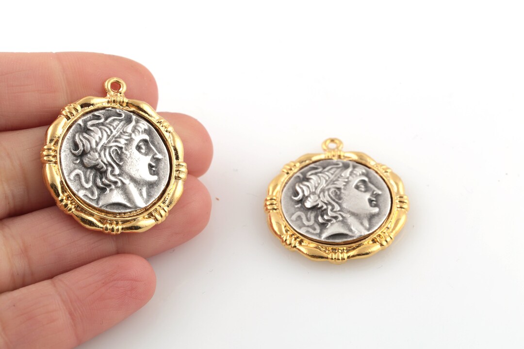 24k Gold Plated Greek Coins, Antique Greek Medallion, Two Color Pendant ...