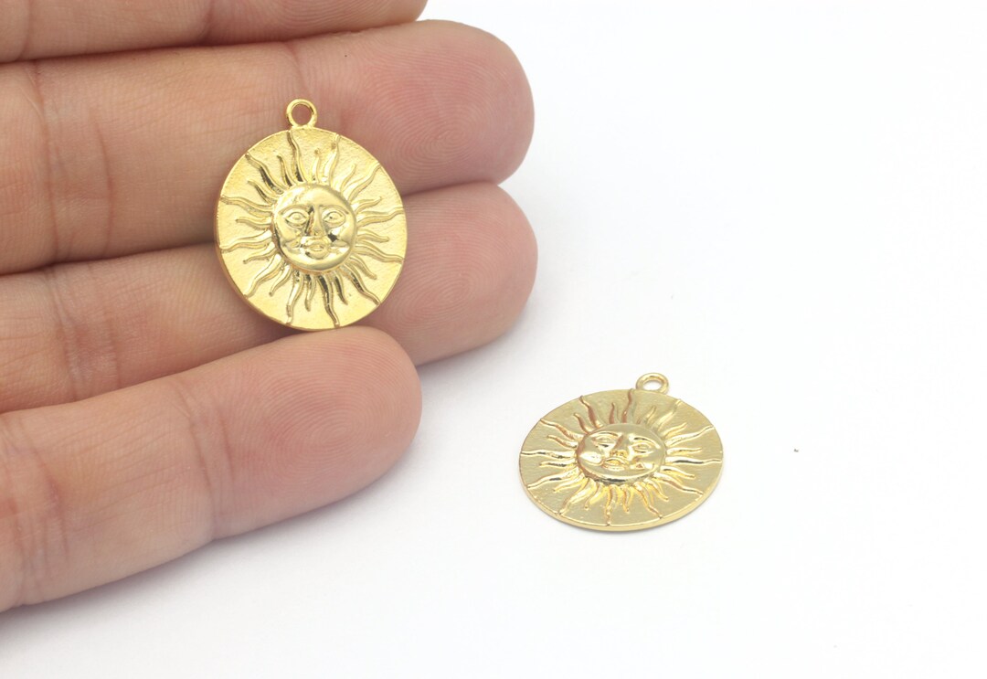 24k Gold Plated Sun Pendant, Sun Face Charm, Gold Plated Celestial ...