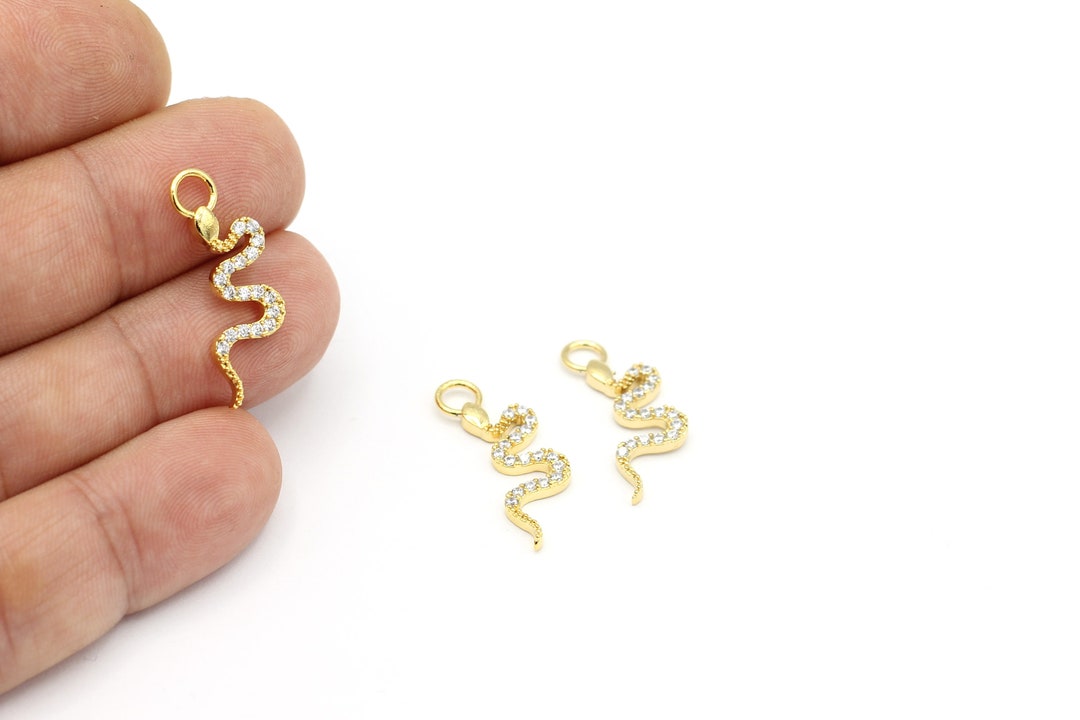 24k Shiny Gold Snake Charm, CZ Snake Pendant, Micro Pave Pendant, Micro ...