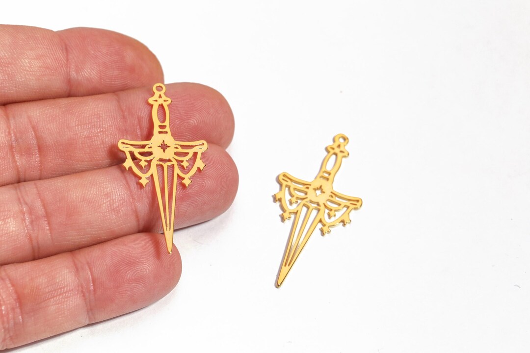 24k Gold Plated Sword Charm, Laser Cut Knight's Sword Pendant, Brass ...