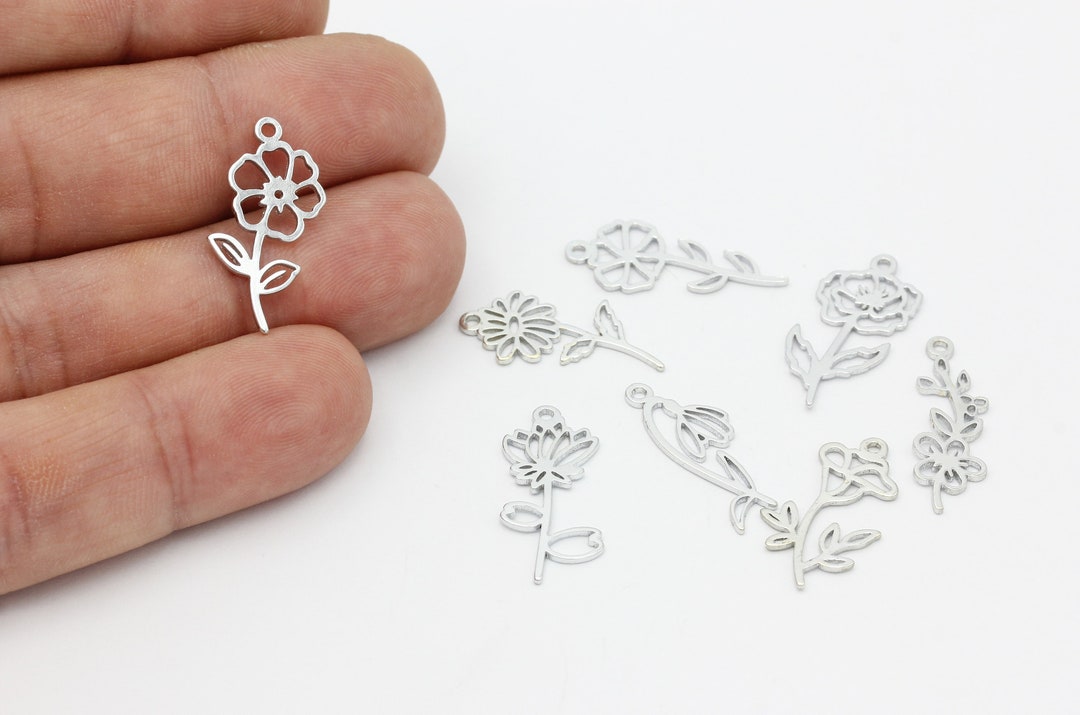 Rhodium Plated Birth Month Flower Pendant, Birth Flower Charms, Birth ...