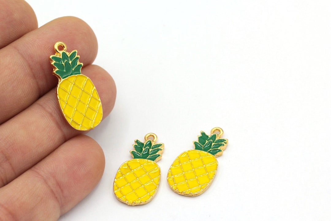 24k Shiny Gold Plated Pineapple Charm, Pineapple Pendant, Yellow Enamel ...