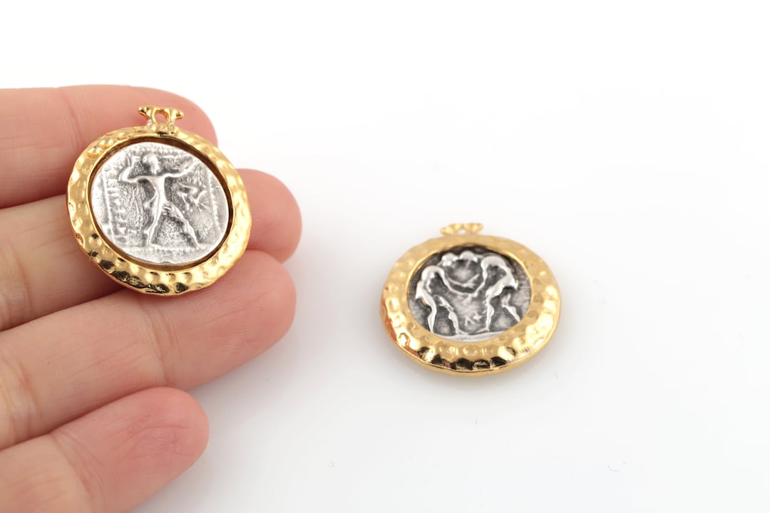 24k Gold Plated Greek Coins, Antique Greek Medallion, Two Color Pendant ...