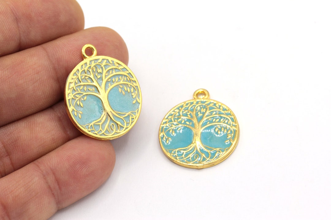 24k Shiny Gold Plated Tree of Charm, Tree of Life Medallion, Blue ...