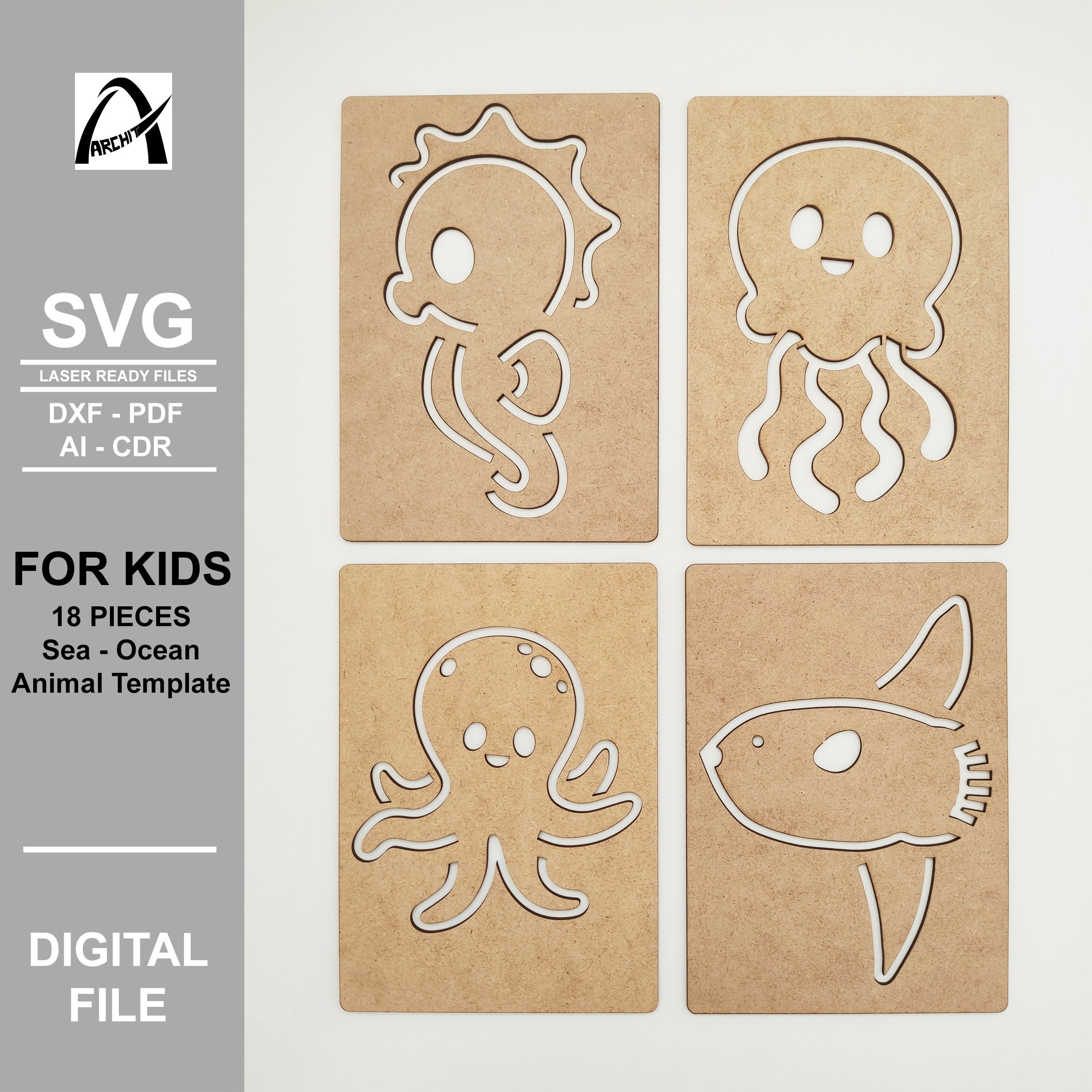 Montessori Sea Ocean Animals Template - Line Exercise - Digital Laser ...