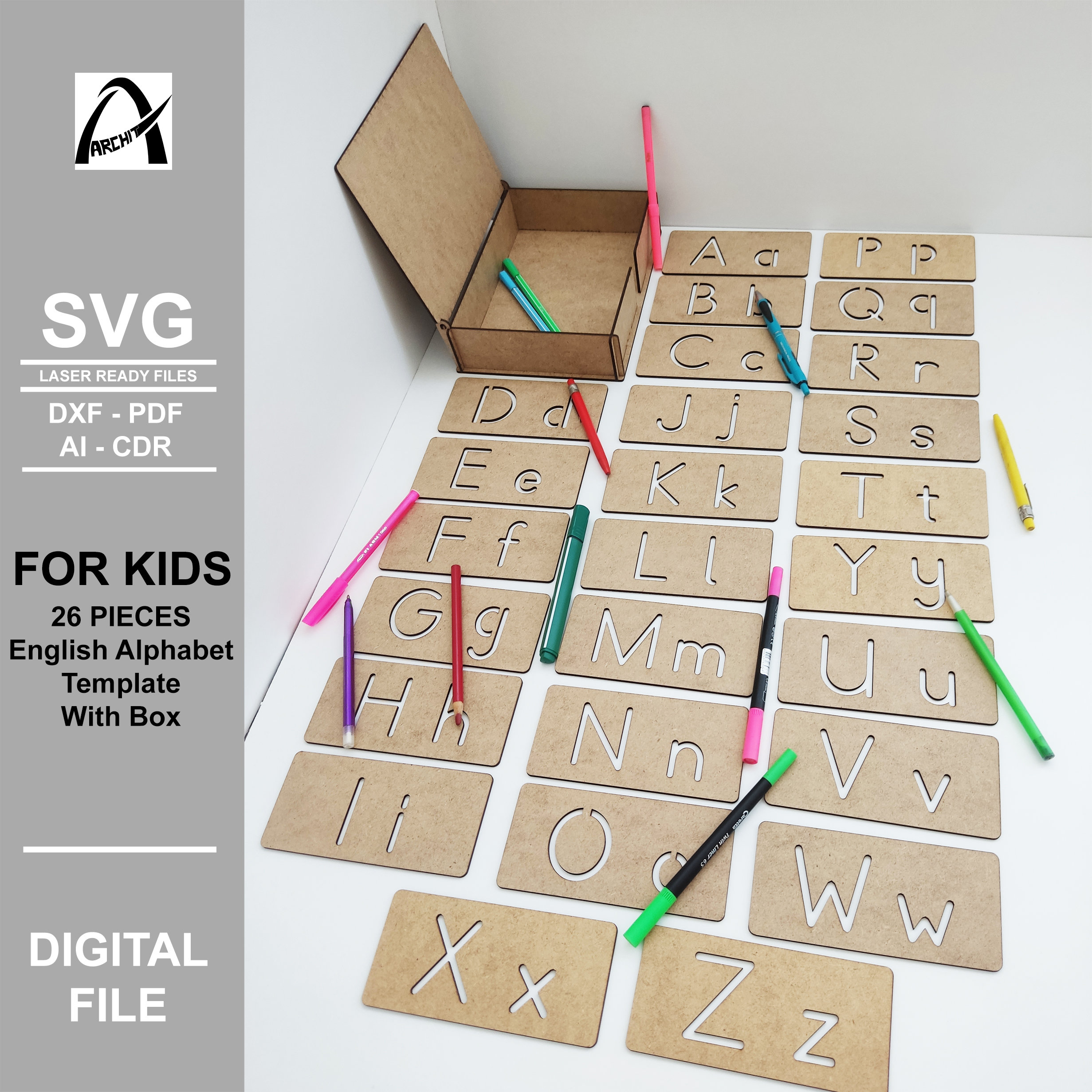 Plantilla del alfabeto inglés para niños Archivos digitales listos para láser SVG DXF PDF ...