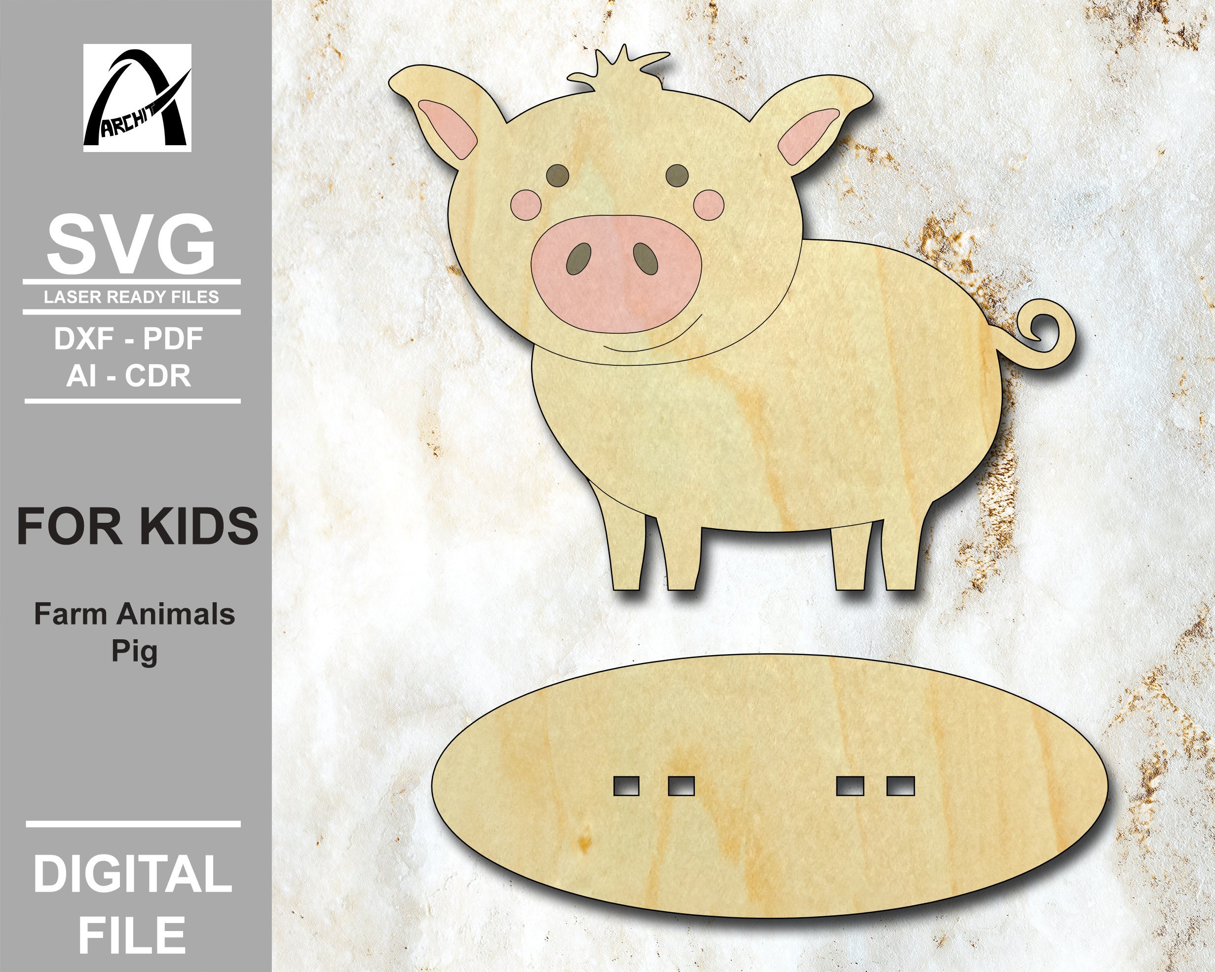 Farm Animals Pig Puzzle - Montessori Wooden Kids Toy - Digital Laser ...