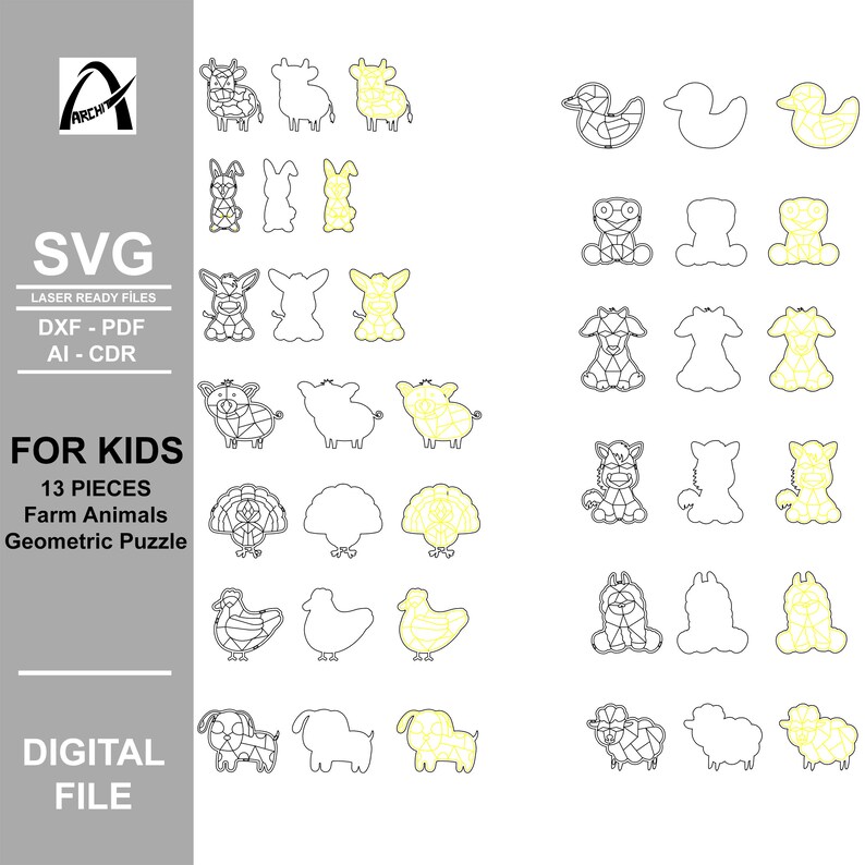 Farm Animals Geometric Puzzle Template Bundle - Montessori - Digital ...