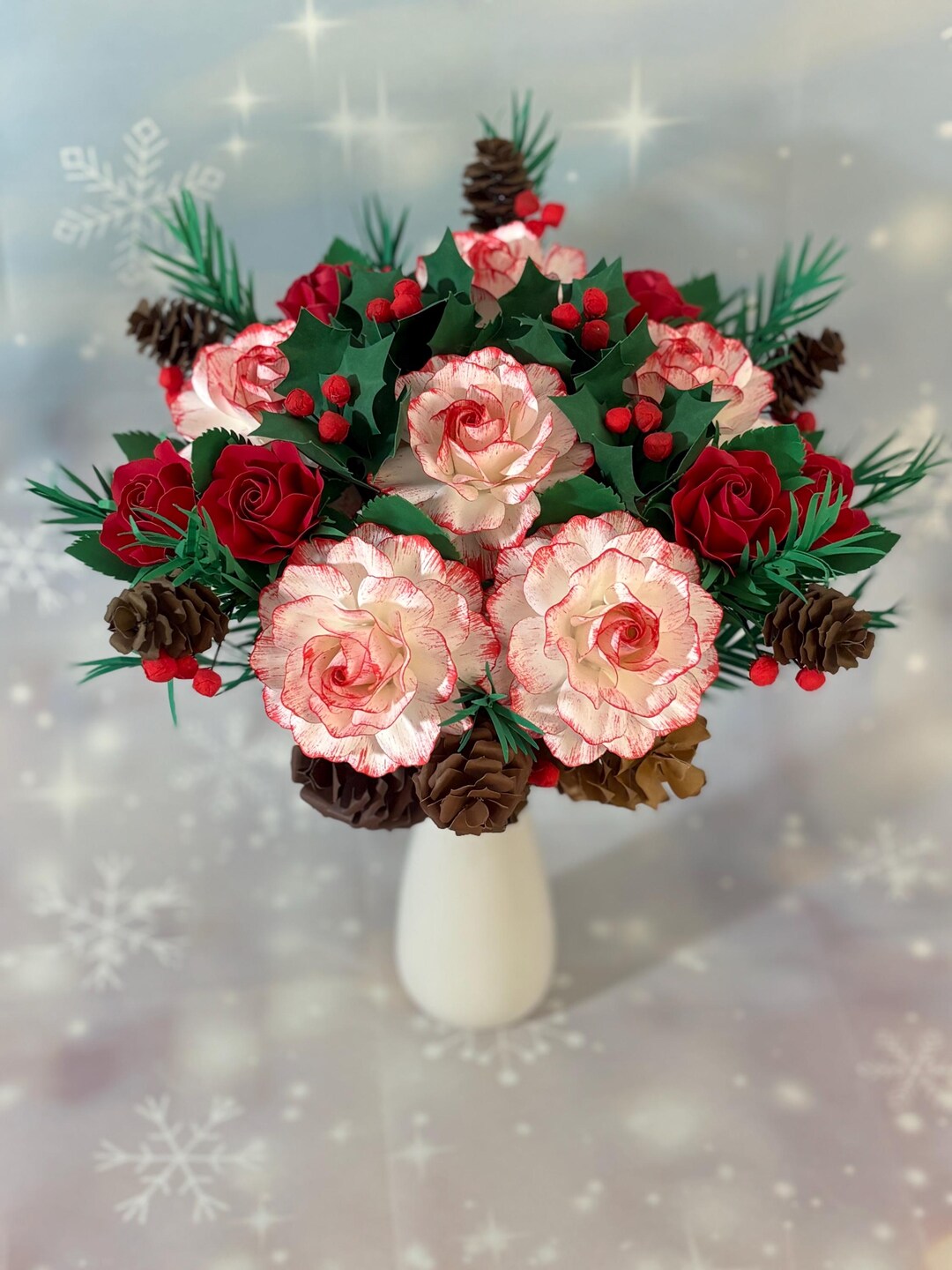 White Roses With Red Tips, Red Rose Buds and Holly • Hand-painted ...
