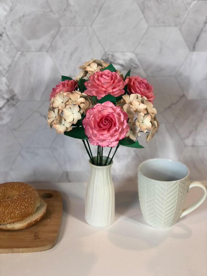 Hand Painted Hydrangea & Rose Paper Flower Bouquet, Pink and Cream Fake ...